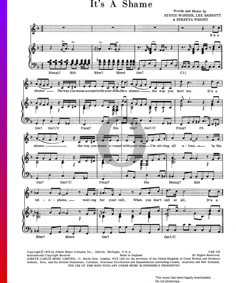 It's A Shame (The Spinners) Piano Sheet Music - OKTAV
