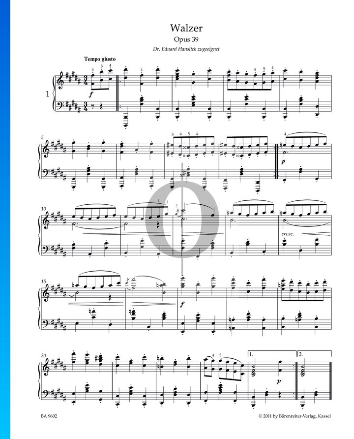 Waltz, Op. 39 No. 1 (Johannes Brahms) Piano Sheet Music - OKTAV