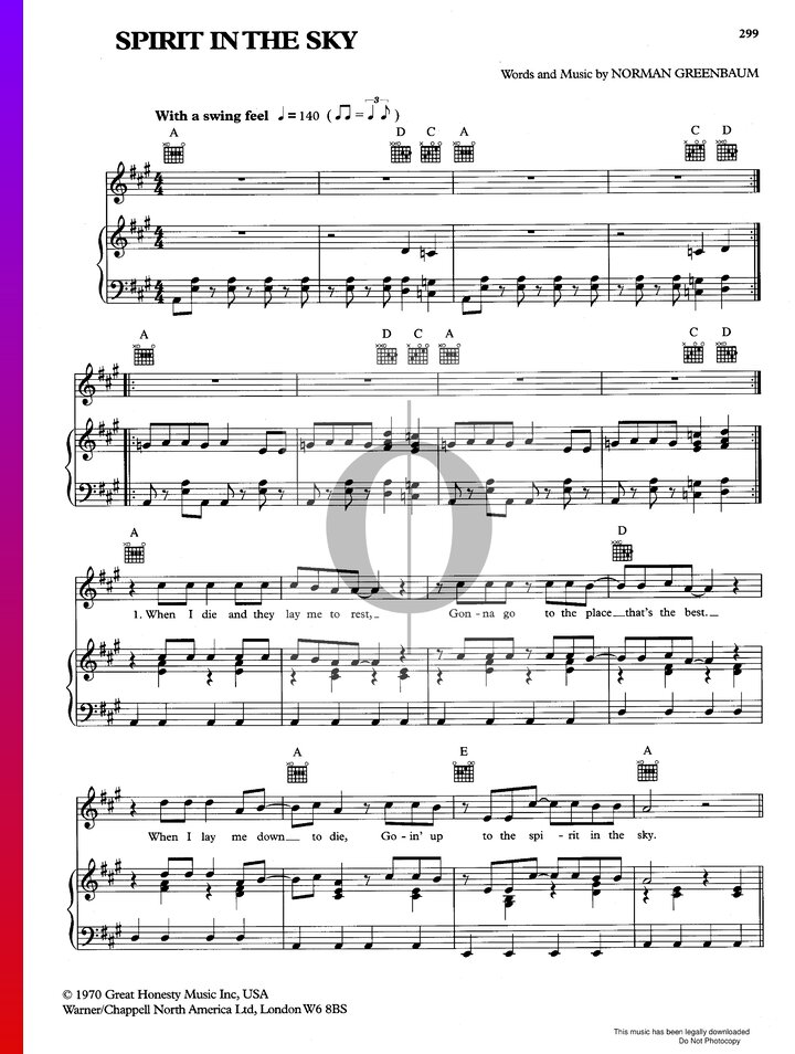 Spirit In The Sky (Norman Greenbaum) Piano Sheet Music - OKTAV