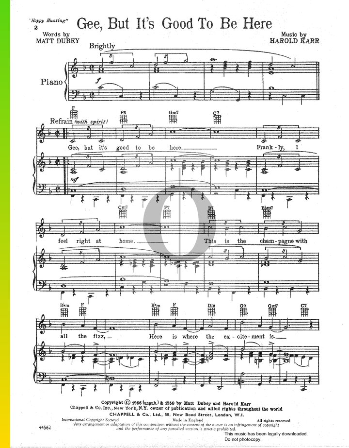 Gee, But It's Good To Be Here (Harold Karr, Matt Dubey) Piano Sheet ...