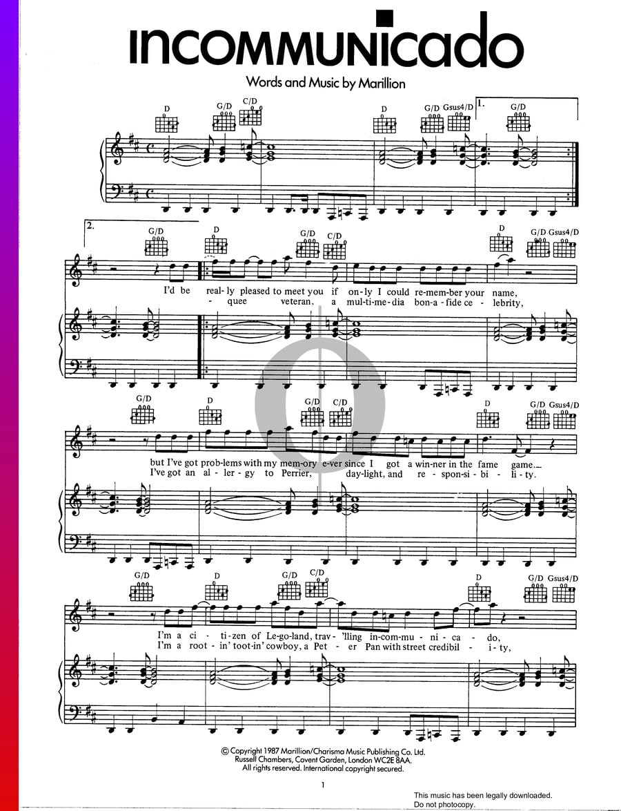 Incommunicado (Marillion) Piano Sheet Music - OKTAV
