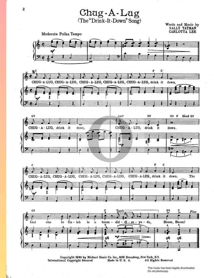 Chug-A-Lug (The Drink-It-Down Song) (Sally Tatman, Carlotta Lee) Piano ...