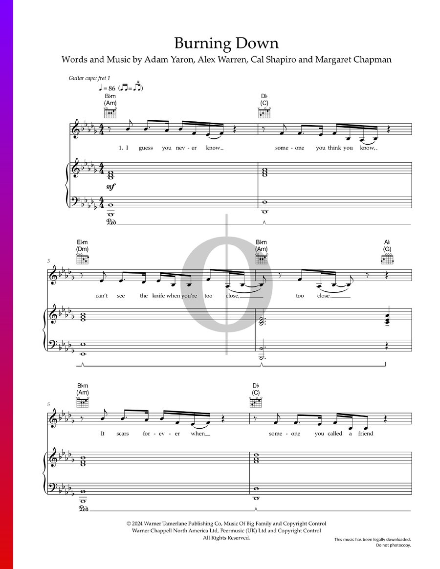 Burning Down » Joe Jonas, Alex Warren - Partituras de piano - OKTAV