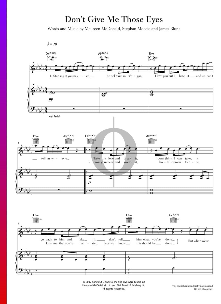 Don't Give Me Those Eyes (James Blunt) Piano Sheet Music - OKTAV