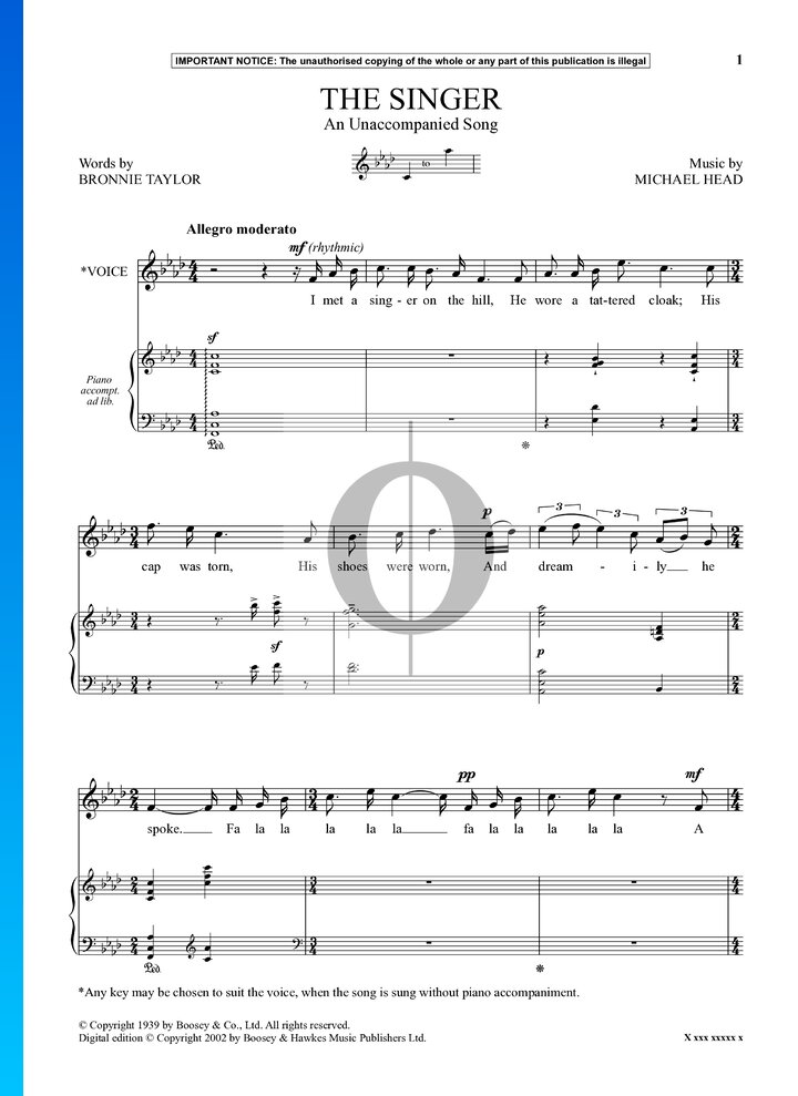 The Singer (An Unaccompanied Song) (Michael Head) Piano Sheet Music - OKTAV
