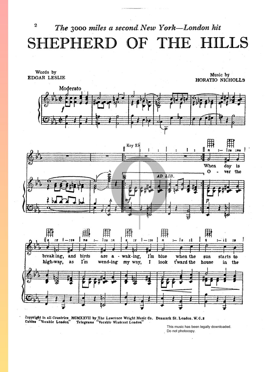 Shepherd Of The Hills (Horatio Nicholls) Piano Sheet Music - OKTAV