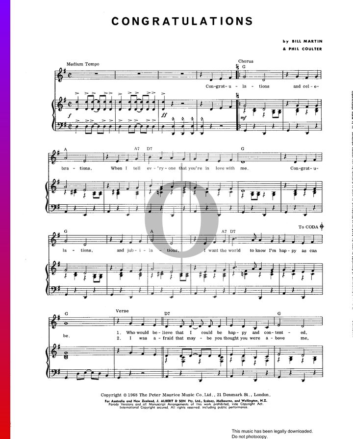Congratulations (Cliff Richard) Piano Sheet Music - OKTAV