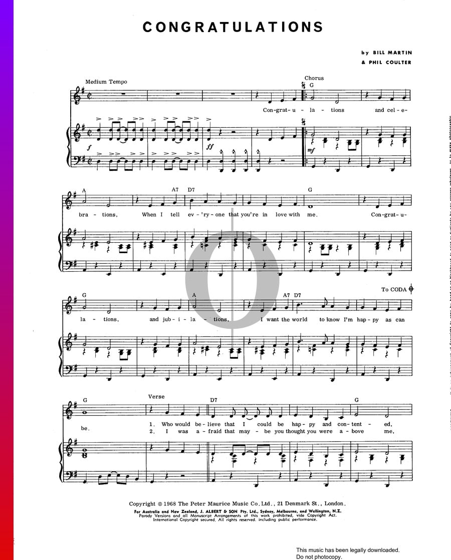 Congratulations (Cliff Richard) Piano Sheet Music - OKTAV