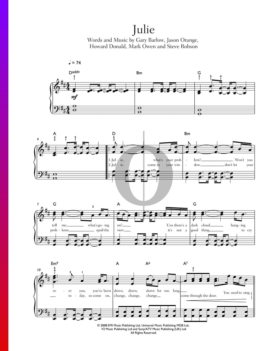 Julie (Take That) Piano Sheet Music - OKTAV