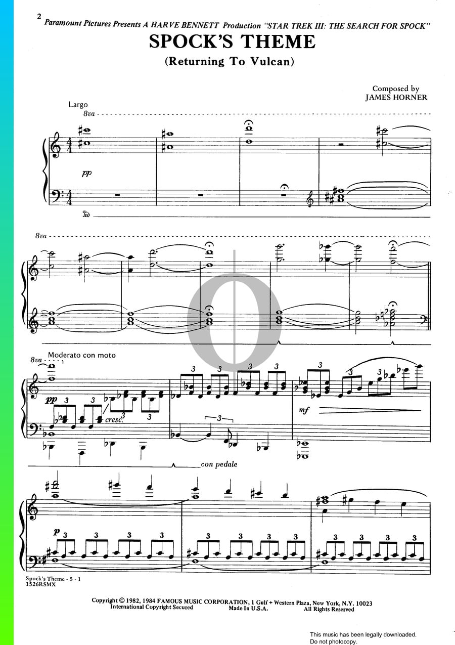 Spock's Theme (Returning To Vulcan) Piano Sheet Music from Star Trek ...