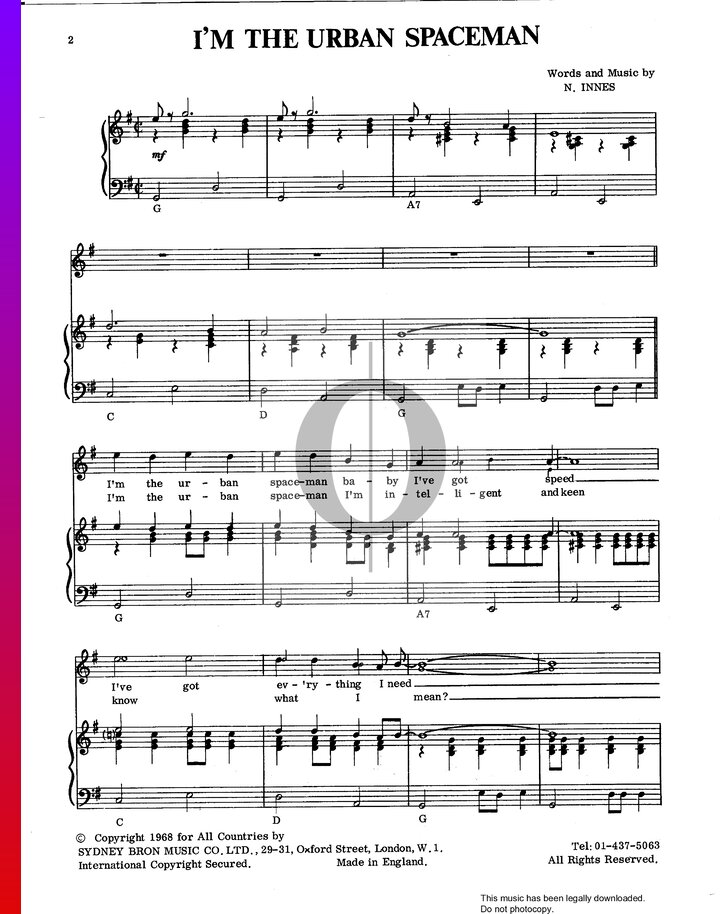 I'm The Urban Spaceman (Bonzo Dog Doo-Dah Band) Piano Sheet Music - OKTAV