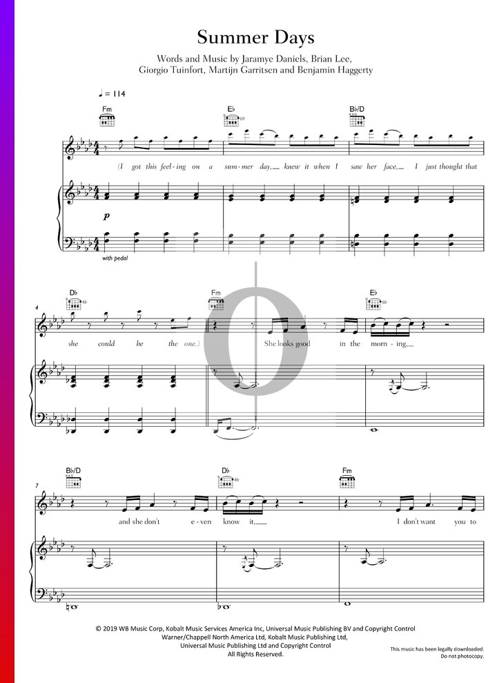 Summer Days (Martin Garrix) Piano Sheet Music - OKTAV