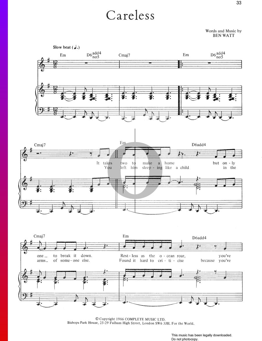 Careless (Everything but the Girl) Piano Sheet Music - OKTAV
