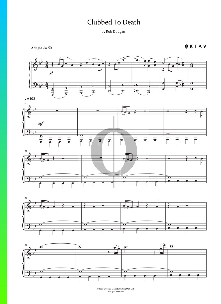 Clubbed to Death Piano Sheet Music from The Matrix by Rob Dougan - OKTAV