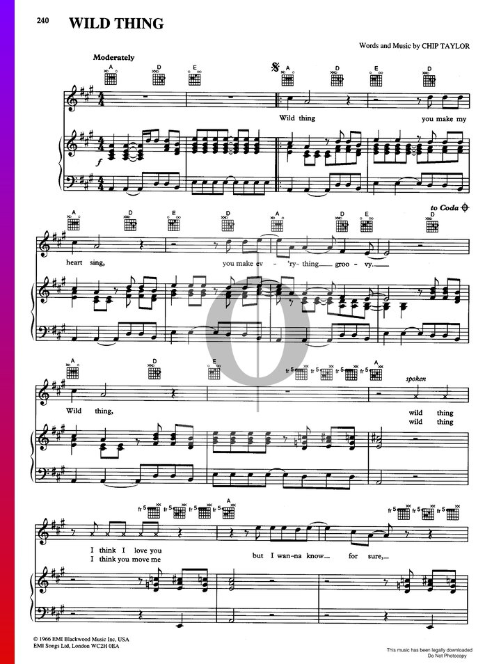 Wild Thing (The Troggs) Piano Sheet Music - OKTAV