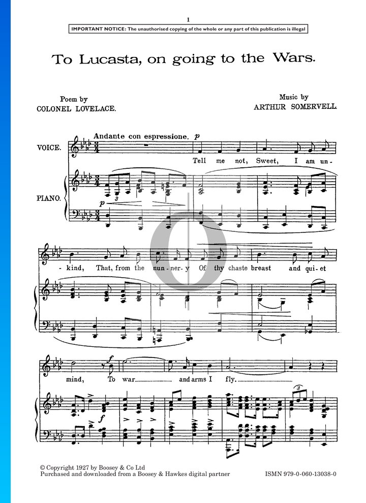 To Lucasta, On Going To The Wars (Arthur Somervell) Piano Sheet Music ...