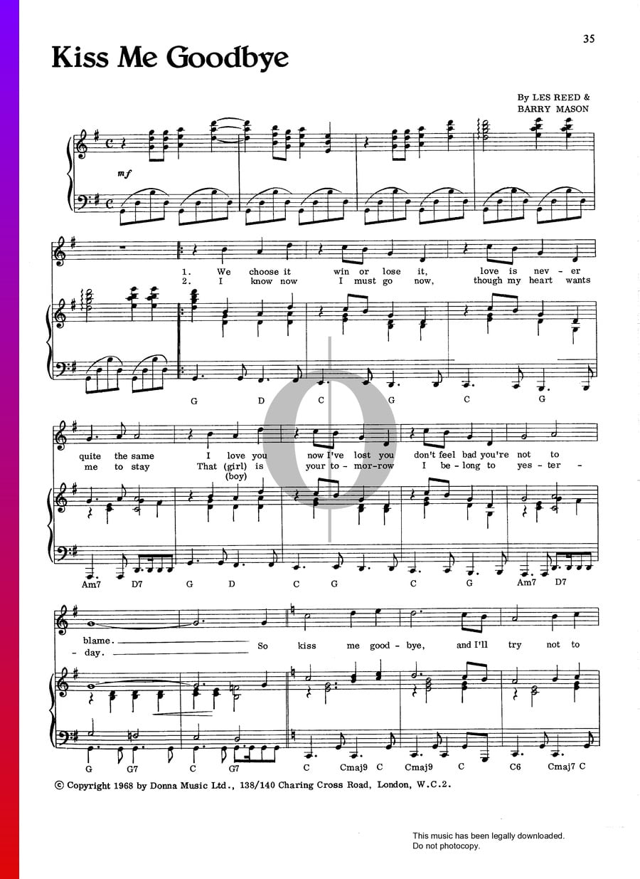 Kiss Me Goodbye (Petula Clark) Piano Sheet Music - OKTAV