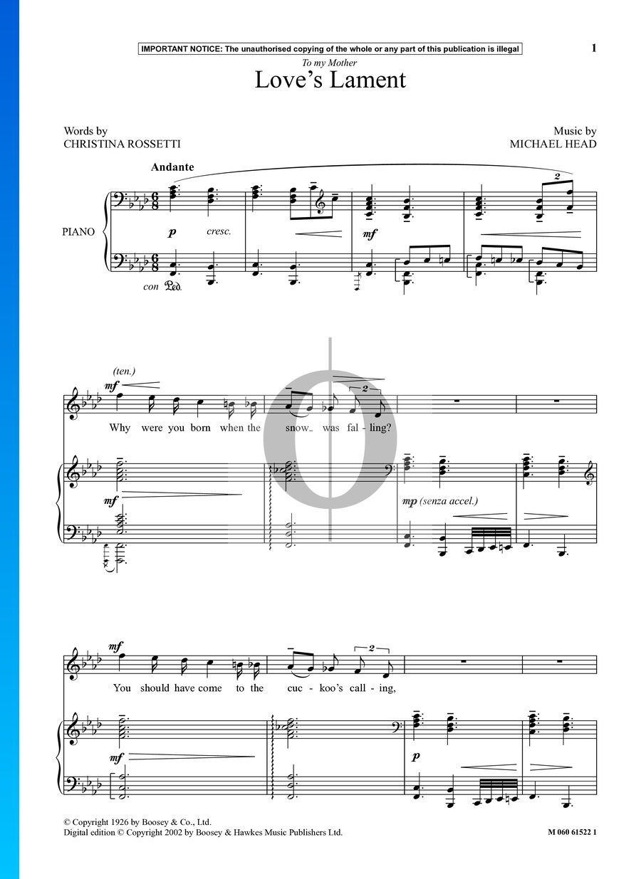 Love’s Lament (Michael Head) Piano Sheet Music - OKTAV