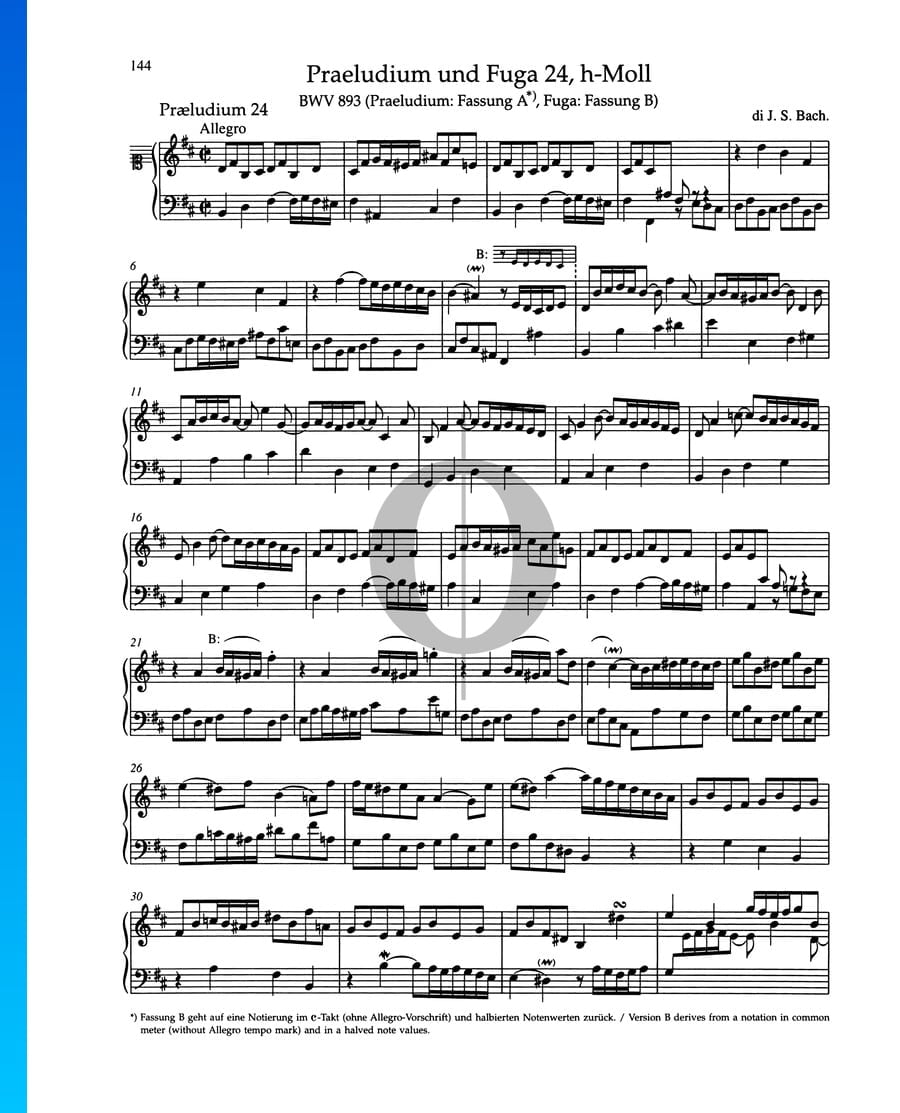Prélude En Si Mineur Bwv 893 Johann Sebastian Bach Partitions De