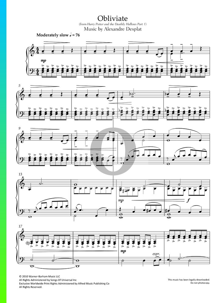 Obliviate Piano Sheet Music from Harry Potter and the Deathly Hallows ...