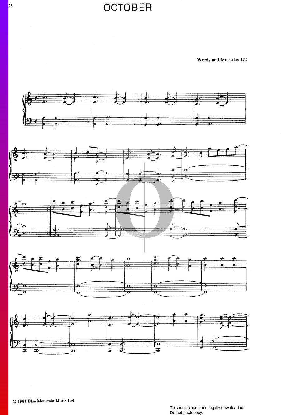 October (U2) Piano Sheet Music - OKTAV