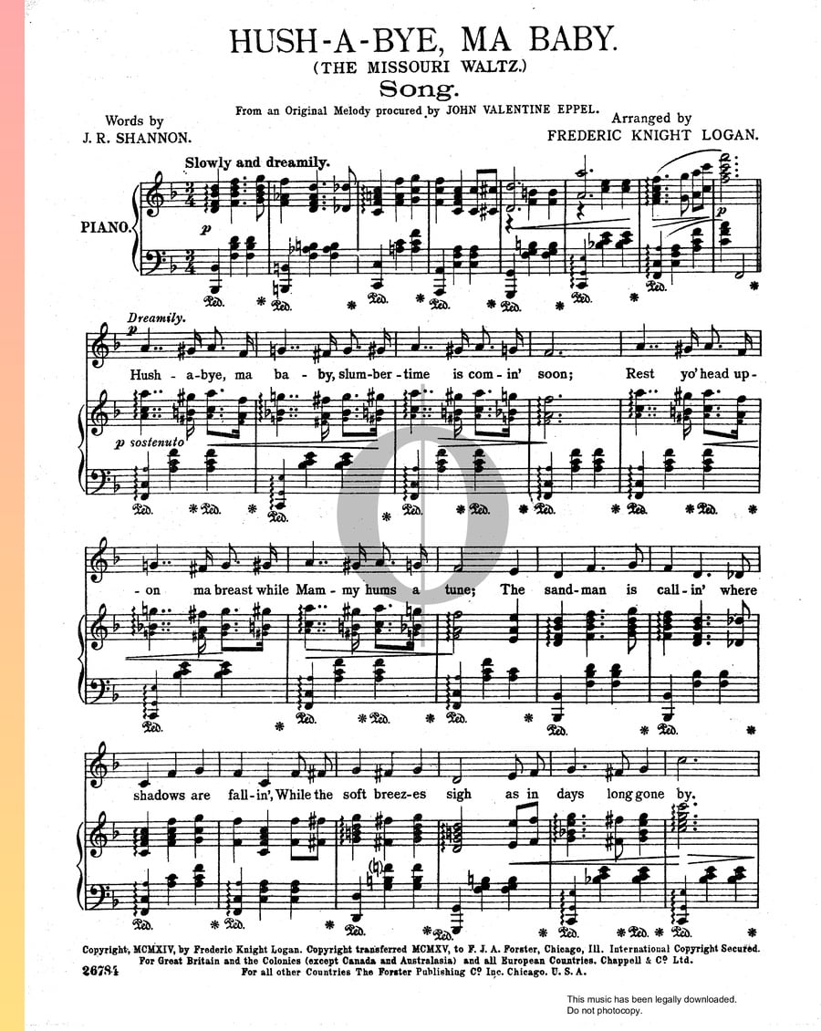 Hush-A-Bye, Ma Baby (The Missouri Waltz) (Elsie Baker) Piano Sheet Music - OKTAV