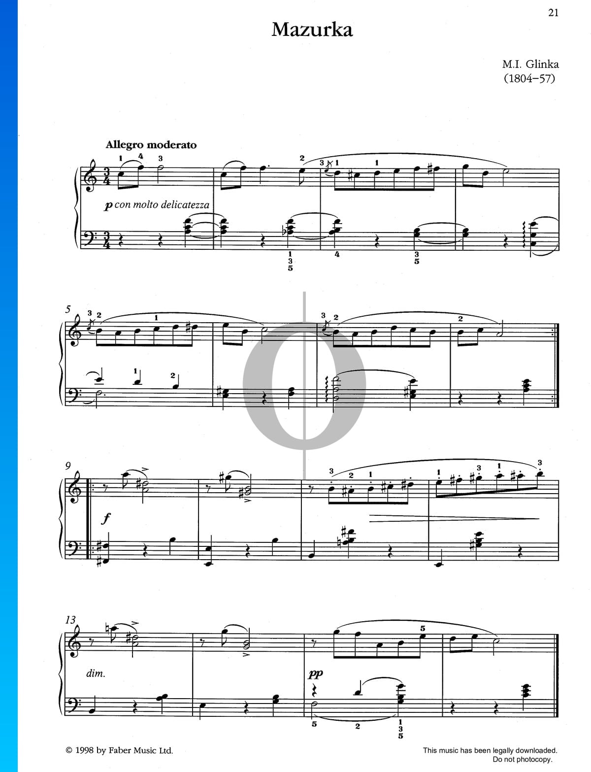 Mazurka Michail Iwanowitsch Glinka Piano Sheet Music Oktav