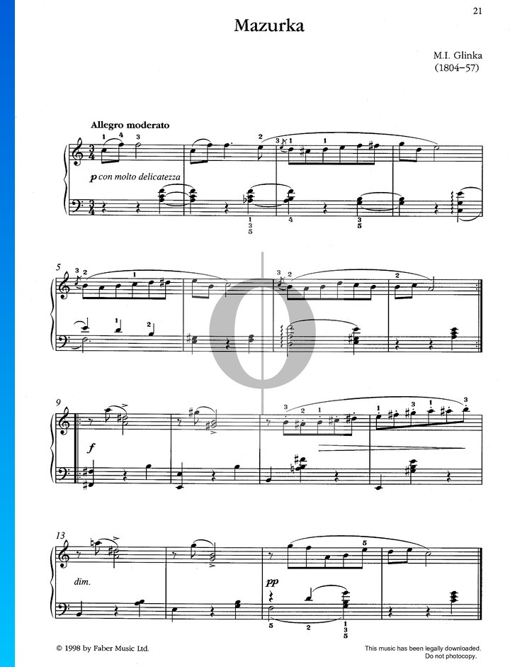 Mazurka (Michail Iwanowitsch Glinka) Piano Sheet Music - OKTAV