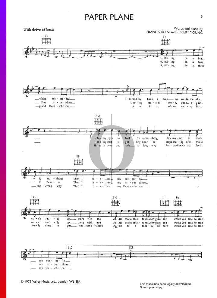 Paper Plane (Status Quo) Piano Sheet Music - OKTAV