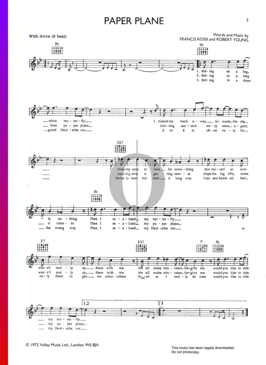 Paper Plane (Status Quo) Piano Sheet Music - OKTAV
