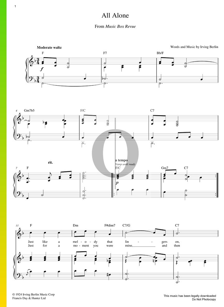 All Alone (Irving Berlin) Piano Sheet Music - OKTAV