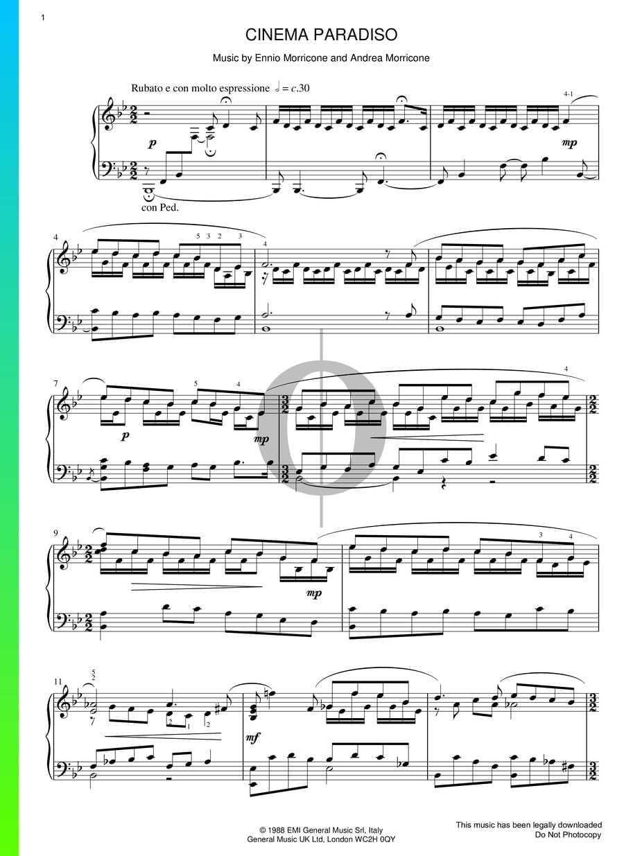 Cinema Paradiso Piano Sheet Music from Cinema Paradiso by Ennio ...