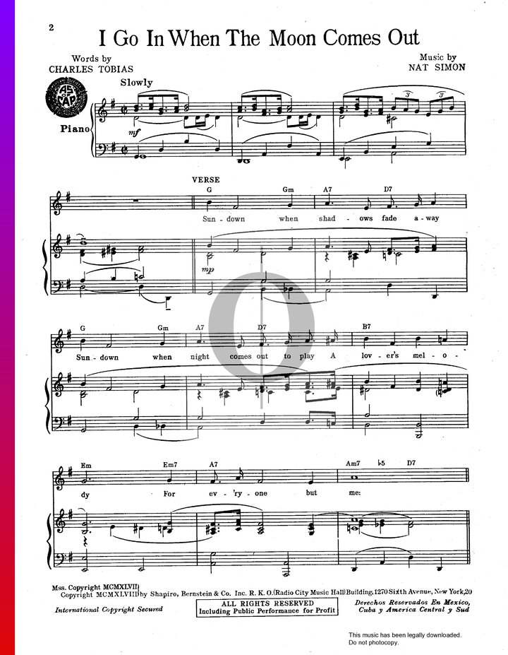 I Go In When The Moon Comes Out (Hal Derwin) Piano Sheet Music - OKTAV