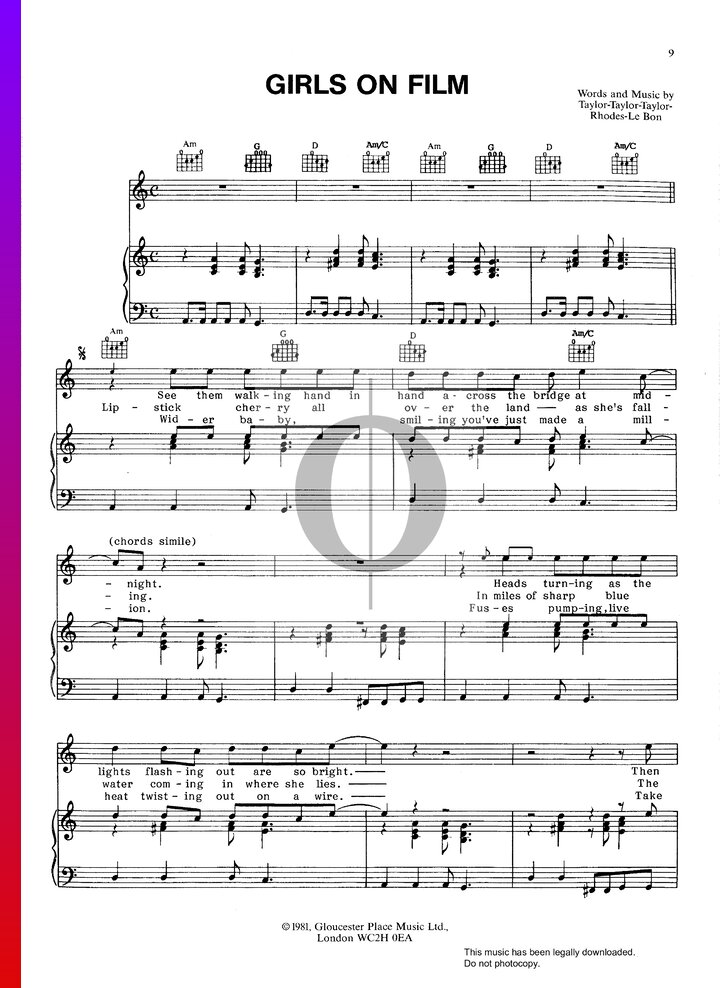 Girls On Film (Duran Duran) Piano Sheet Music - OKTAV