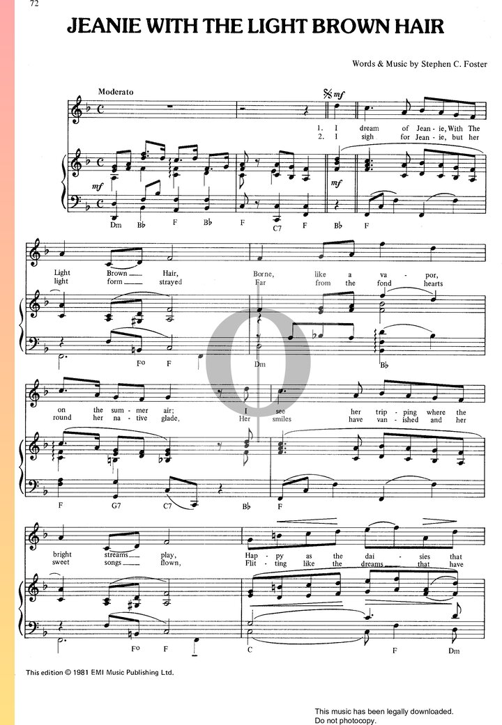 Jeanie With The Light Brown Hair (Stephen Foster) Piano Sheet Music - OKTAV