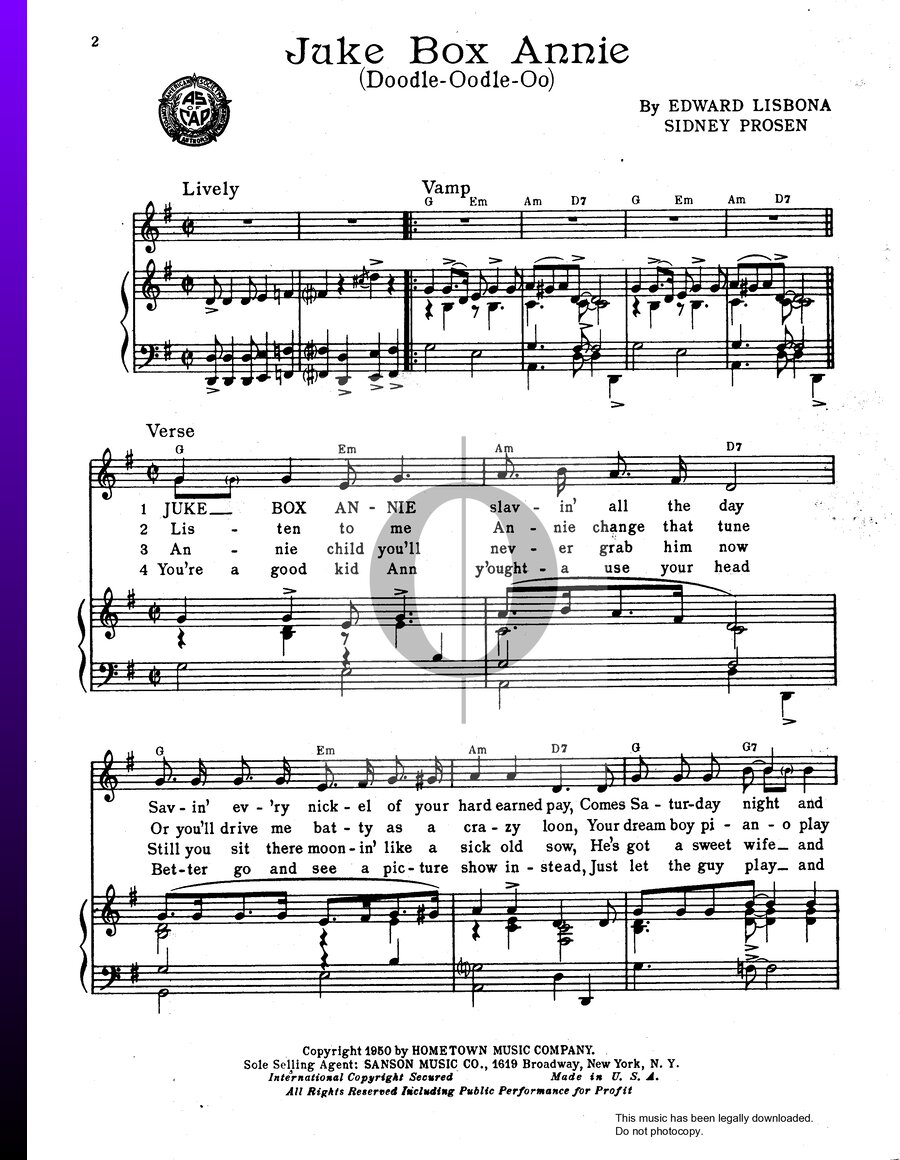 Juke Box Annie (Kitty Kallen) Piano Sheet Music - OKTAV