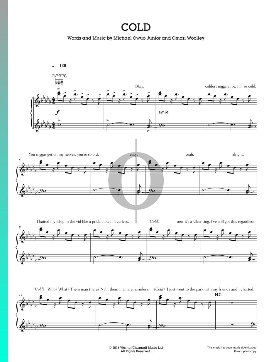 Cold (Stormzy) Piano Sheet Music - OKTAV