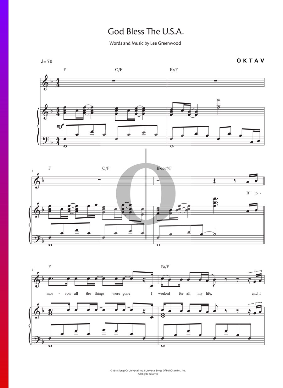 God Bless The U.S.A. (Lee Greenwood) Piano Sheet Music - OKTAV