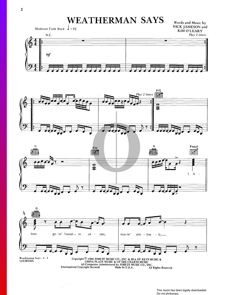 Weatherman Says (Jack Wagner) Piano Sheet Music - OKTAV