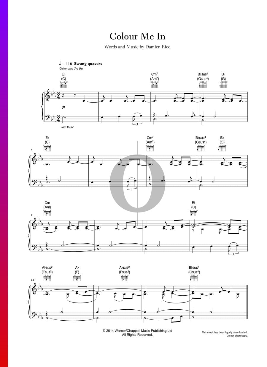 Colour Me In (Damien Rice) Piano Sheet Music - OKTAV