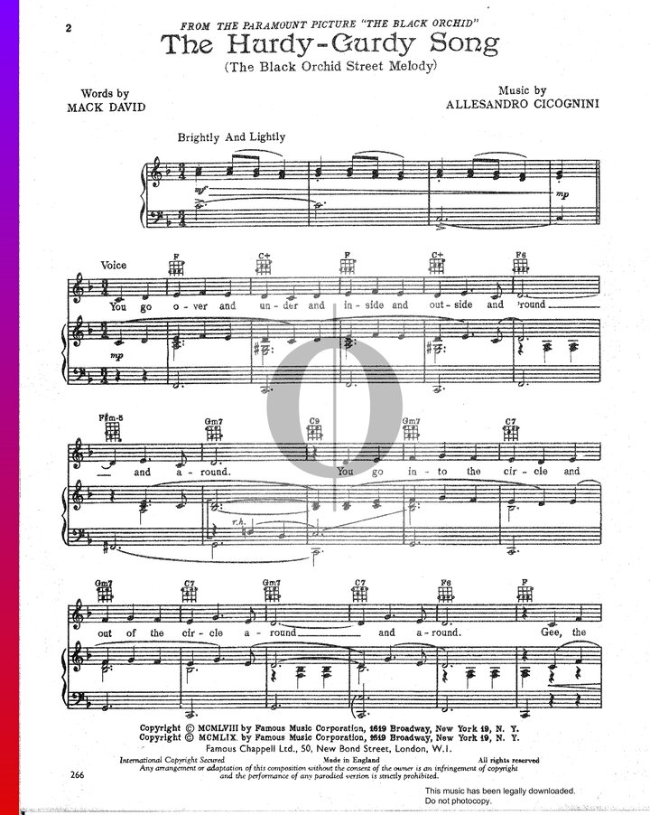 The Hurdy-Gurdy Song (Allesandro Cicognini) Piano Sheet Music - OKTAV