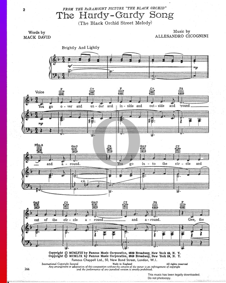 The Hurdy-Gurdy Song (Allesandro Cicognini) Piano Sheet Music - OKTAV