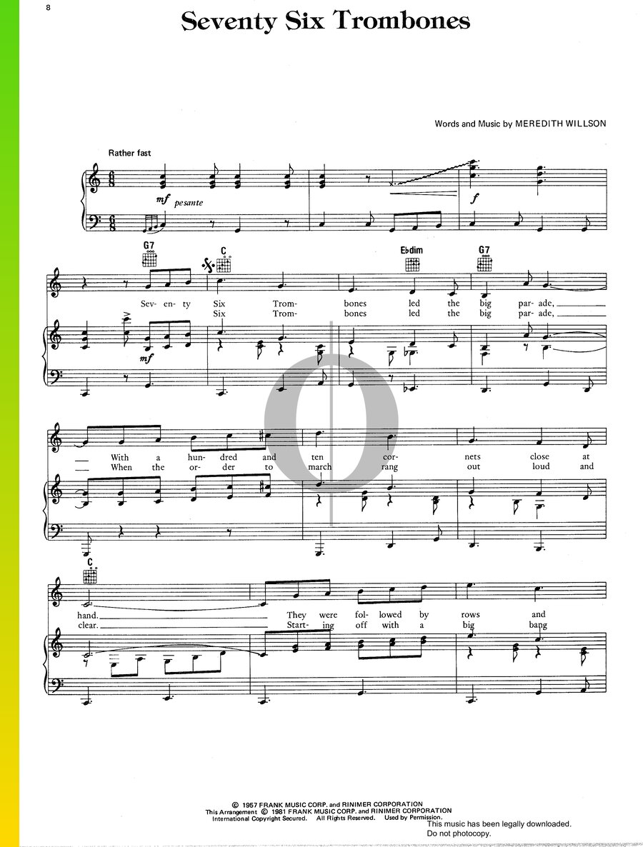 Seventy Six Trombones (Meredith Willson) Piano Sheet Music - OKTAV