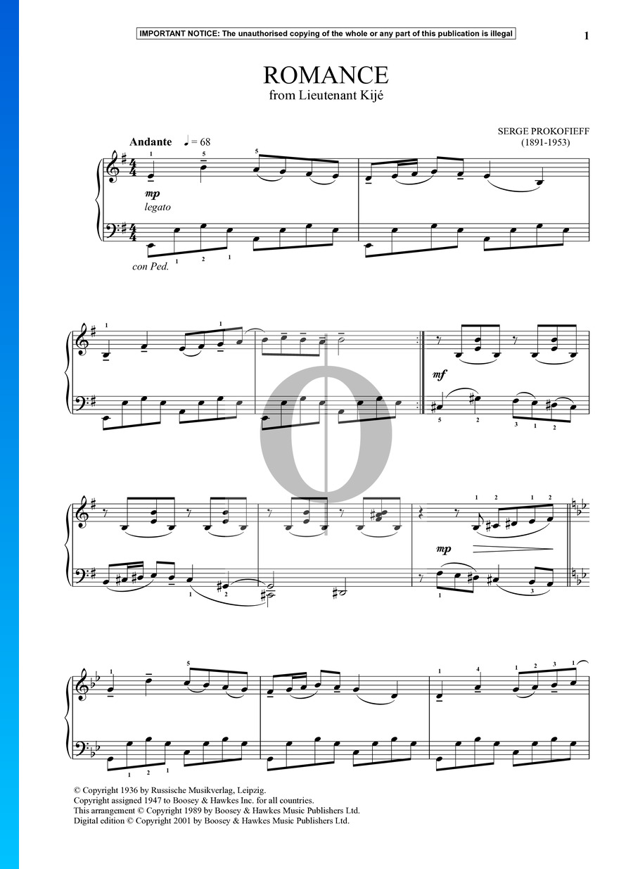Romance from Lieutenant Kije, Op. 60: II (Sergei Prokofiev) Piano Sheet ...