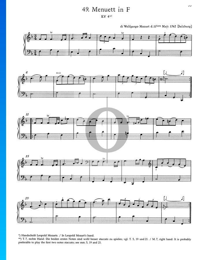 Menuet in F Major, KV 4 (Wolfgang Amadeus Mozart) Piano Sheet Music - OKTAV