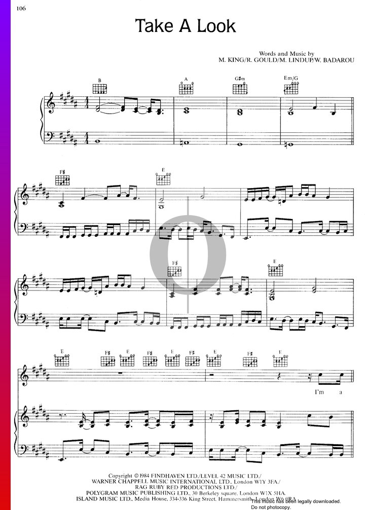 Take A Look (Level 42) Piano Sheet Music - OKTAV