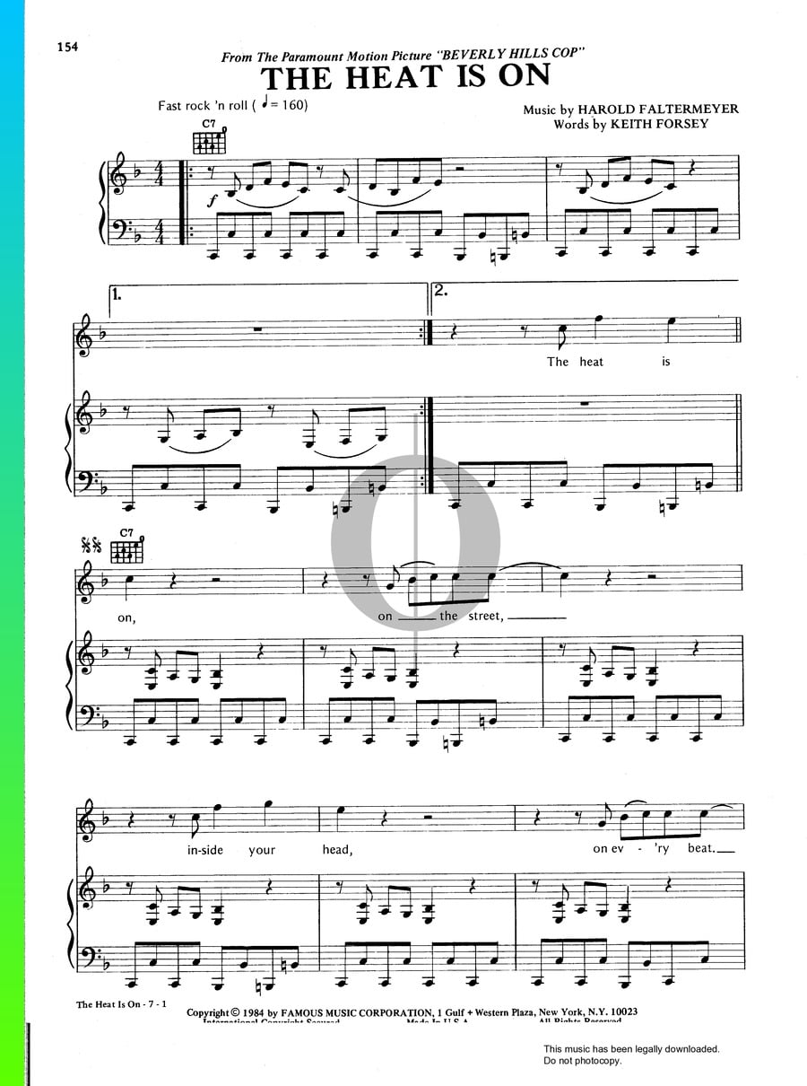 The Heat Is On Piano Sheet Music from Beverly Hills Cop by Glenn Frey ...