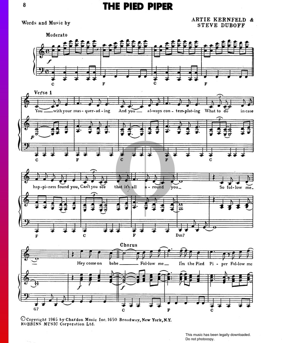 The Pied Piper (Crispian St. Peters) Piano Sheet Music - OKTAV
