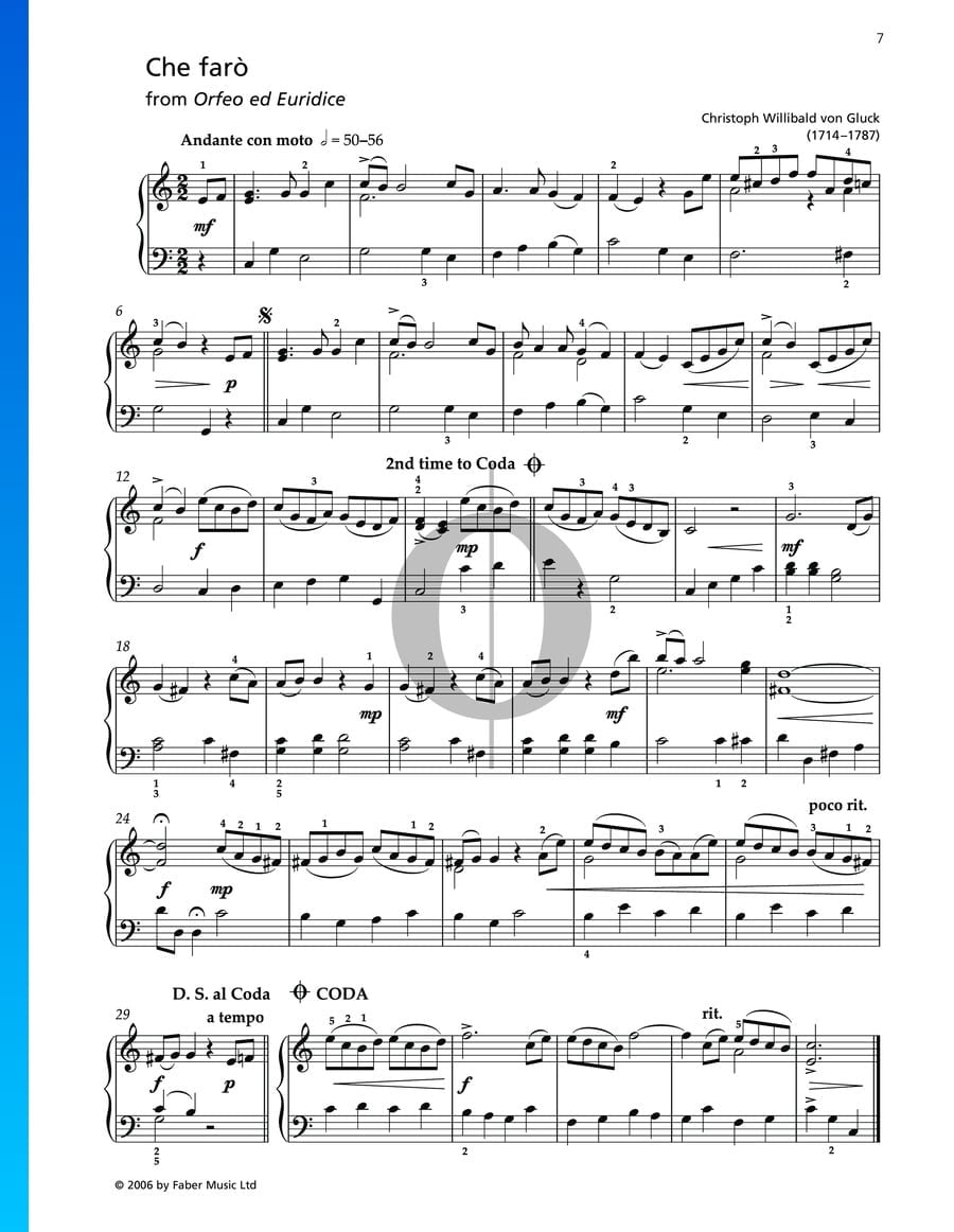Che faró senza Euridice (Christoph Willibald von Gluck) Piano Sheet Music - OKTAV