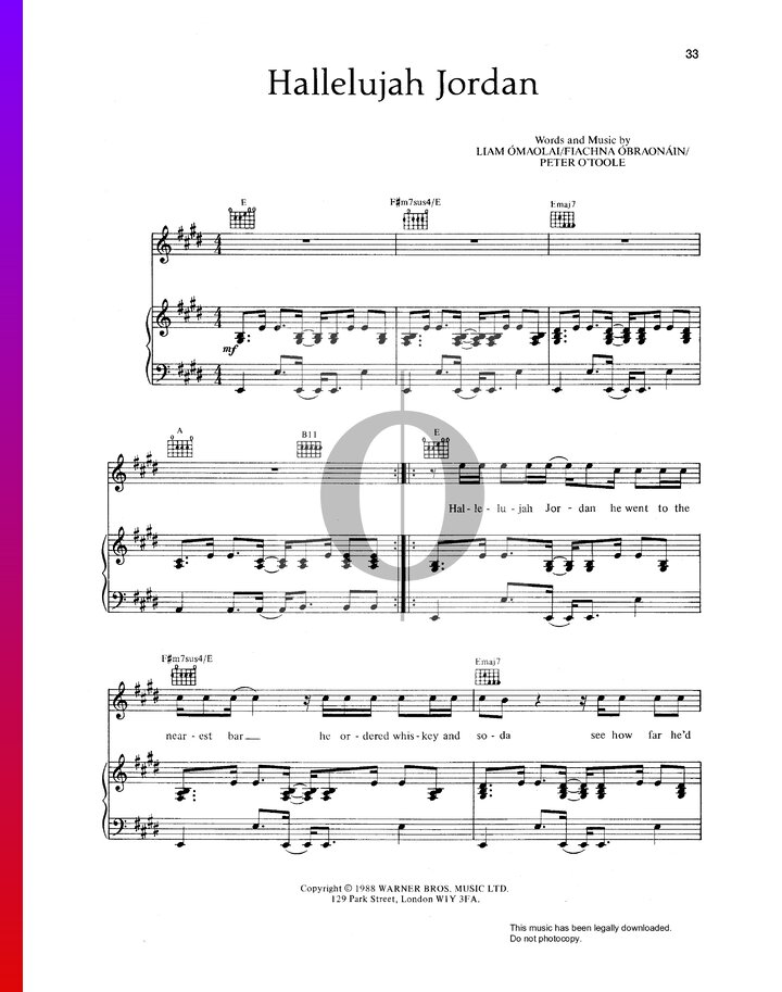 Hallelujah Jordan (Hothouse Flowers) Piano Sheet Music - OKTAV